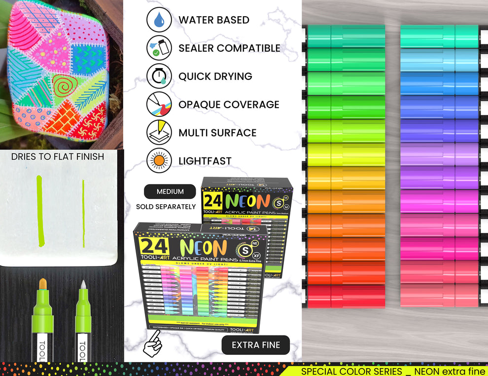 24 Neon Fluorescent Acrylic Paint Pens Markers Set 0.7mm (EXTRA FINE ...