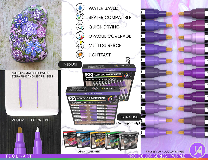 22 Acrylic Paint Pens (PURPLES) Pro Color Series Set (3mm MEDIUM ...