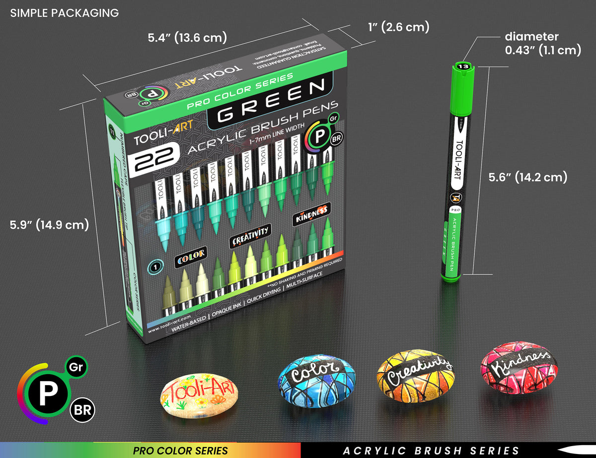 22 Flexible Brush Tip Acrylic Paint Pens Markers Set 1-7mm (GREEN ...
