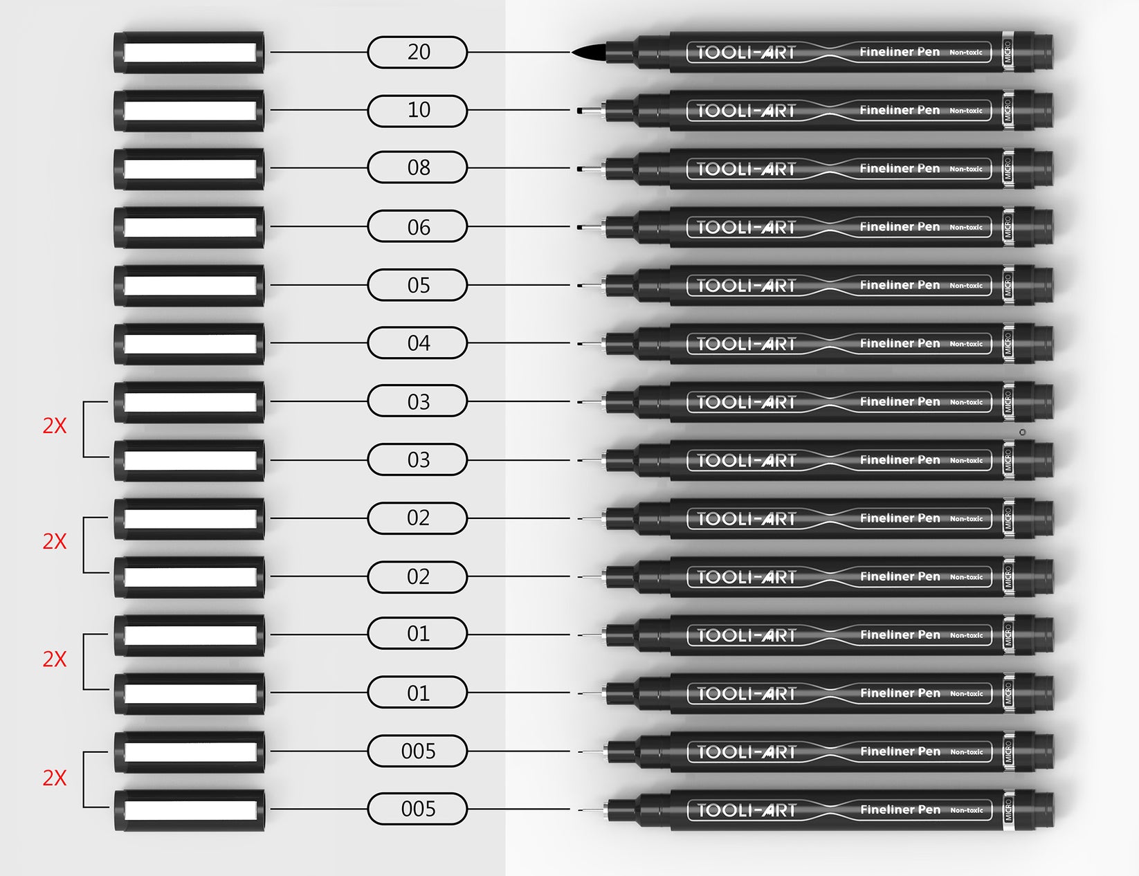 TOOLI-ART Micro-Line Pens With Case, 14/Set Black, Fineliner, Multilin