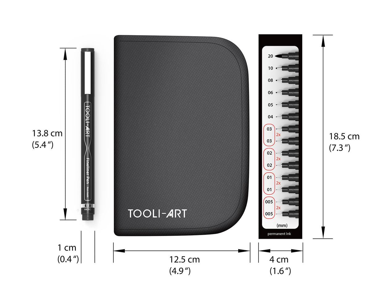 TOOLI-ART Micro-Line Pens With Case, 14/Set Black, Fineliner, Multilin
