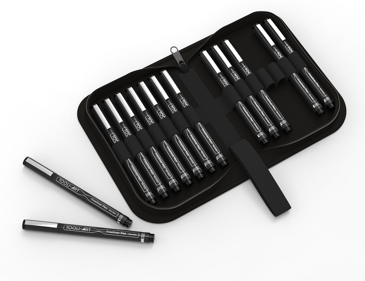 TOOLI-ART Micro-Line Pens With Case, 14/Set Black, Fineliner, Multilin