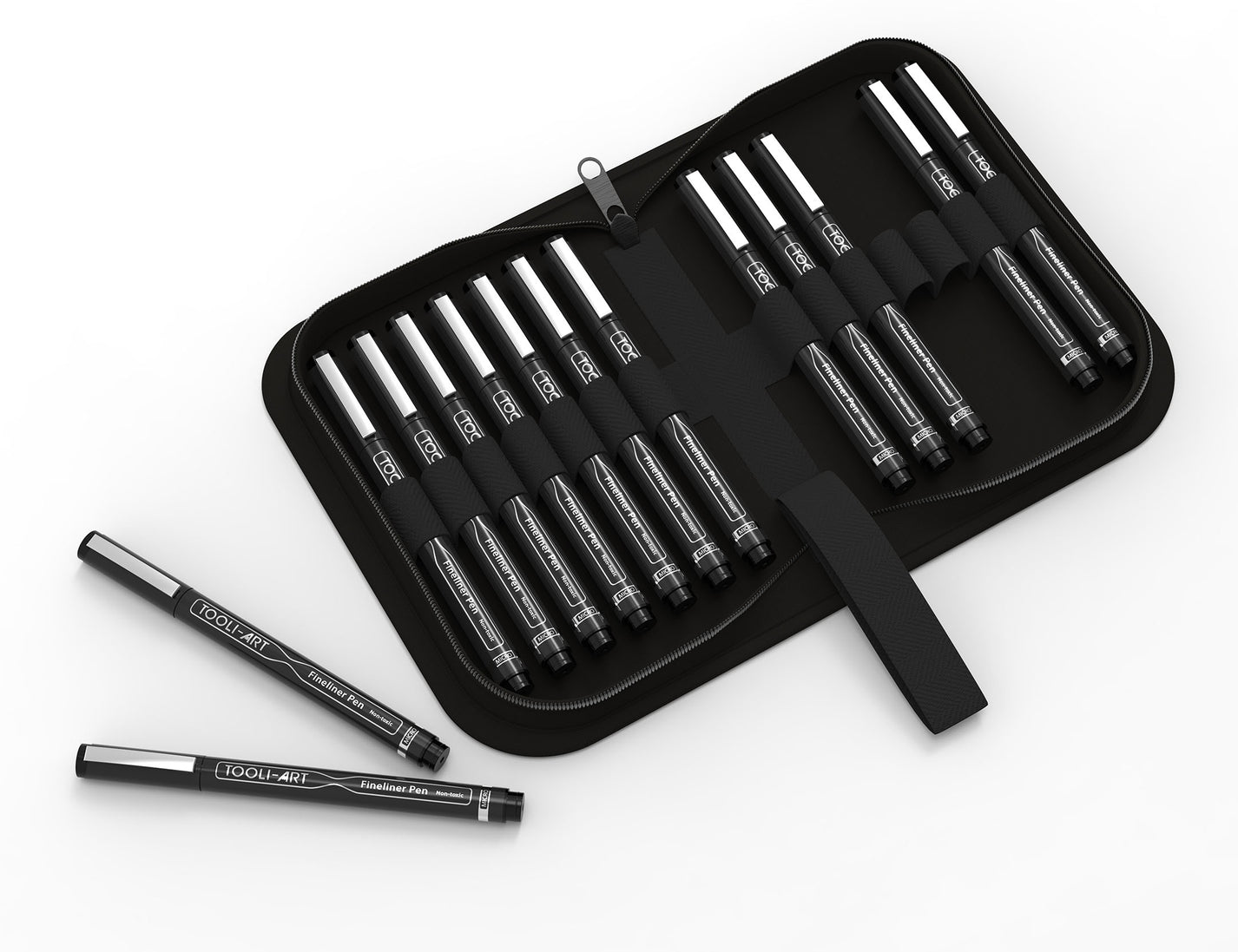TOOLI-ART Micro-Line Pens With Case, 14/Set Black, Fineliner, Multilin