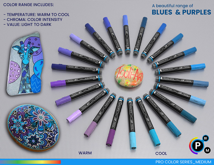 22 Acrylic Paint Pens (BLUES & PURPLES) Pro Color Series Set (3mm MEDI ...